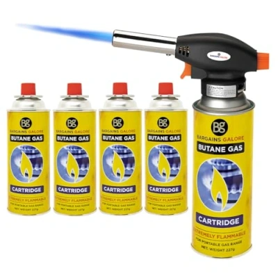 Buy Blow Torch with 4 Butane Gas Bottles for Camping, Cooking, Kitchen ...